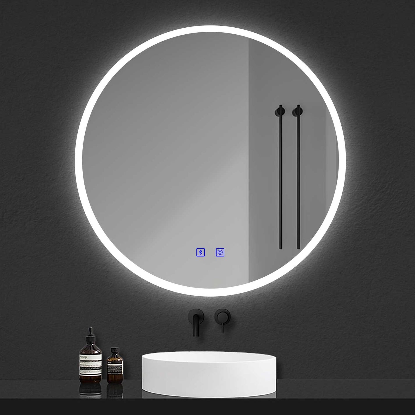 80cm Round Bathroom LED Mirror, Bluetooth, 3 LED Colors, Demister Pad ...